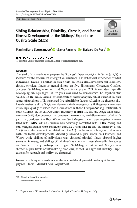(PDF) Sibling Relationships, Disability, Chronic, and Mental Illness ...