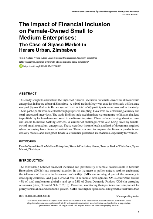 (PDF) The Impact of Financial Inclusion on Female-Owned Small to Medium Enterprises: The Case of ...