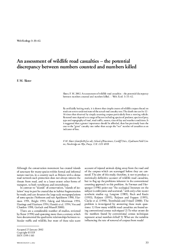(PDF) Wildlife Road Casualties: Count Discrepancies and Impacts