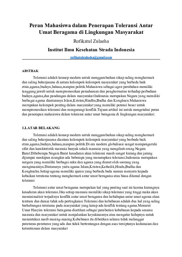 (DOC) Peran Mahasiswa dalam Penerapan Toleransi Antar Umat Beragama di Lingkungan Masyarakat
