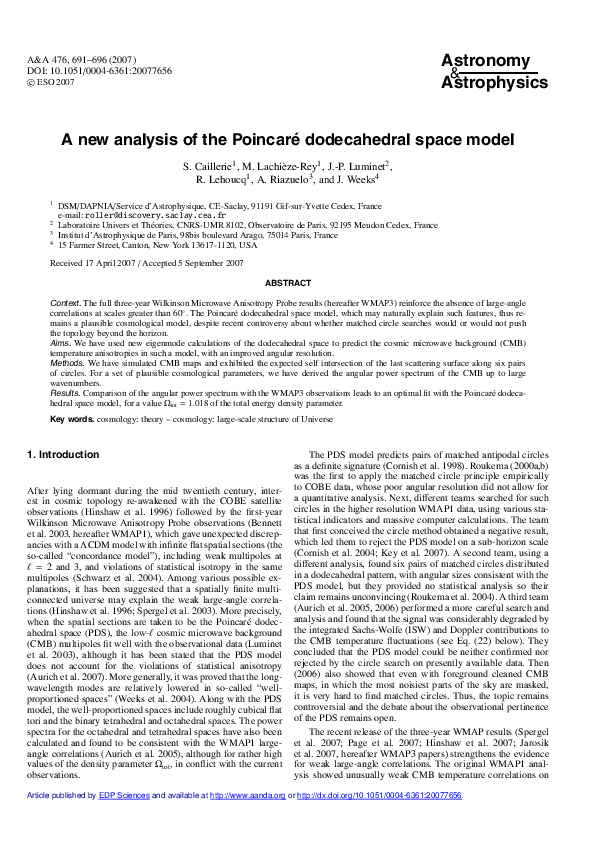 (PDF) A new analysis of the Poincaré dodecahedral space model