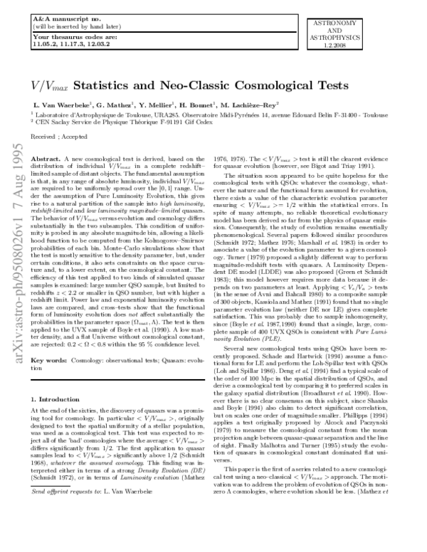 (PDF) V/Vmax statistic and Neo-Classic Cosmological Tests