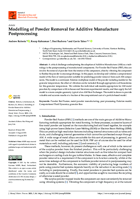 (PDF) Modelling of Powder Removal for Additive Manufacture Postprocessing