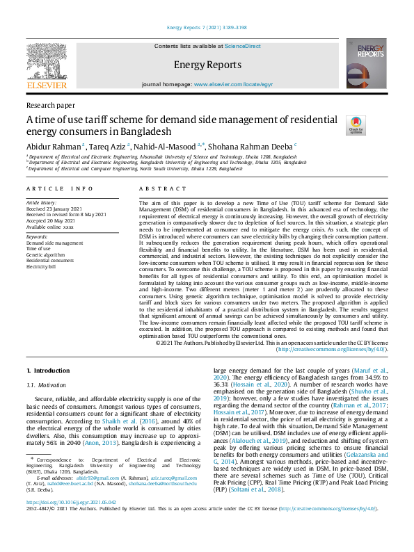 (PDF) A time of use tariff scheme for demand side management of ...
