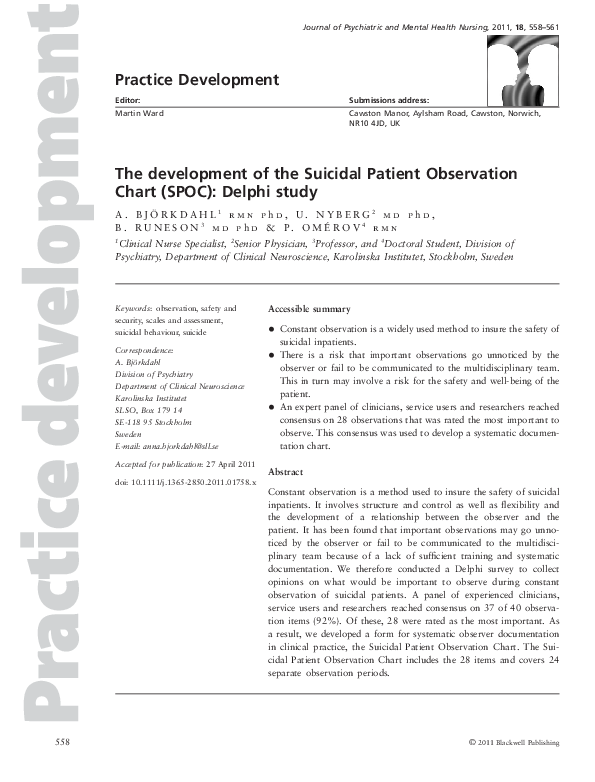 (PDF) The development of the Suicidal Patient Observation Chart (SPOC ...