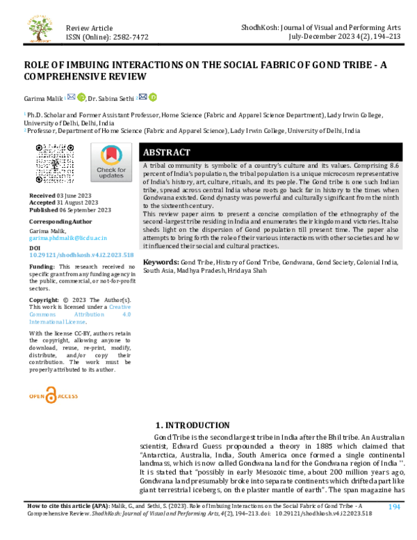 (PDF) ROLE OF IMBUING INTERACTIONS ON THE SOCIAL FABRIC OF GOND TRIBE ...
