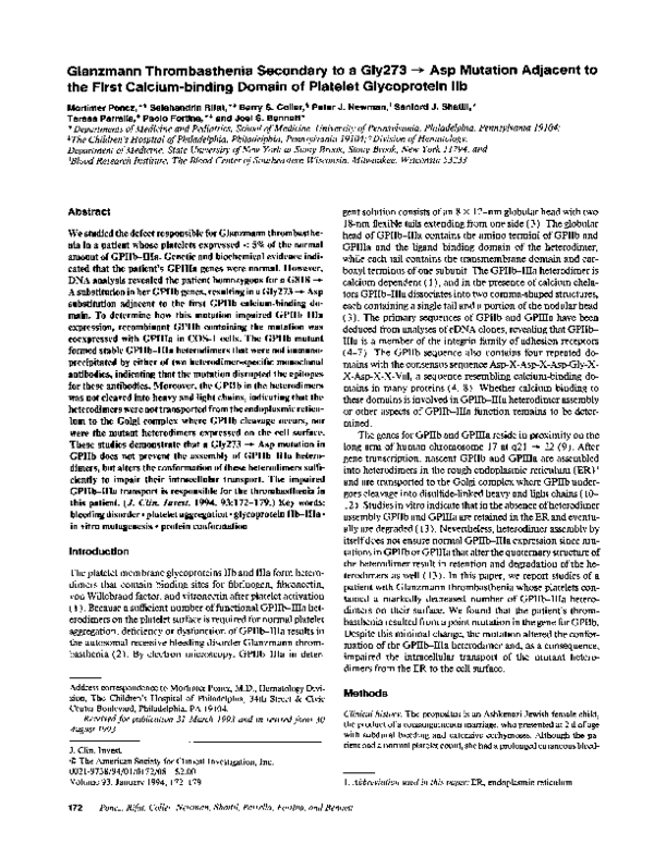 (PDF) Glanzmann thrombasthenia secondary to a Gly273-->Asp mutation ...