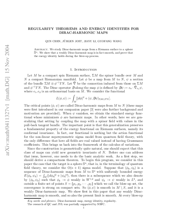 (PDF) Regularity Theorems and Energy Identities for Dirac-Harmonic Maps