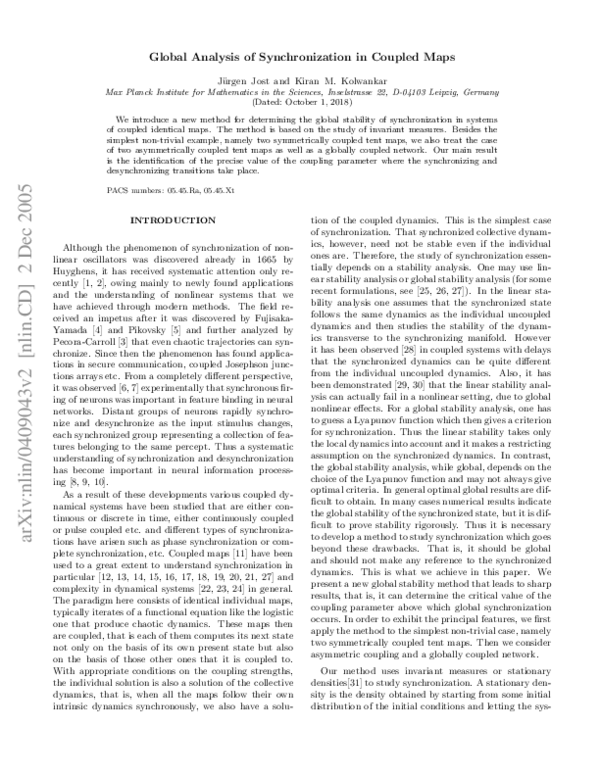 Pdf Global Analysis Of Synchronization In Coupled Maps