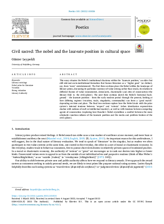 (PDF) Civil Sacred: The Nobel and the Laureate Position in Cultural Space