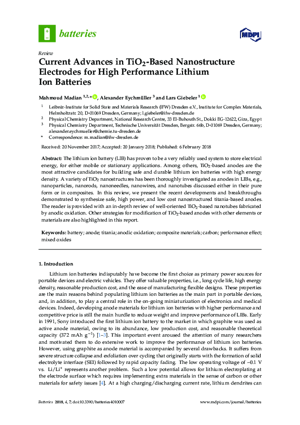 (PDF) Current Advances in TiO2-Based Nanostructure Electrodes for High Performance Lithium Ion ...