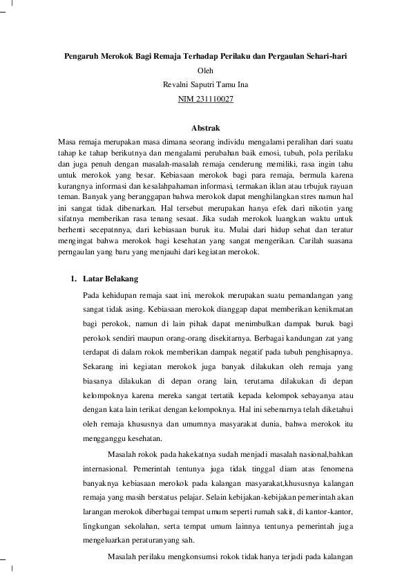 (PDF) Pengaruh Merokok Bagi Remaja Terhadap Perilaku dan Pergaulan ...