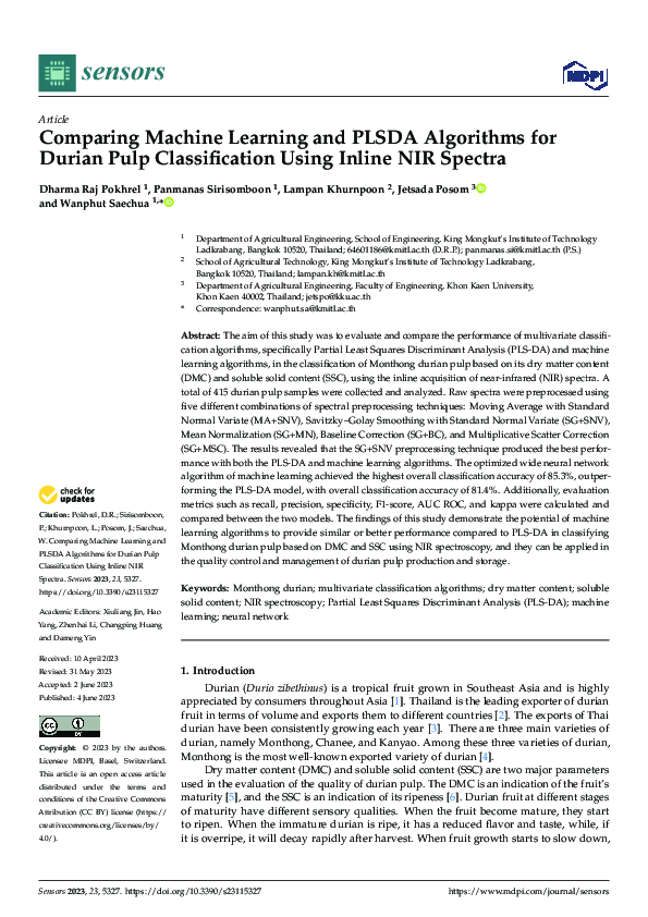 (PDF) Comparing Machine Learning and PLSDA Algorithms for Durian Pulp Classification Using ...