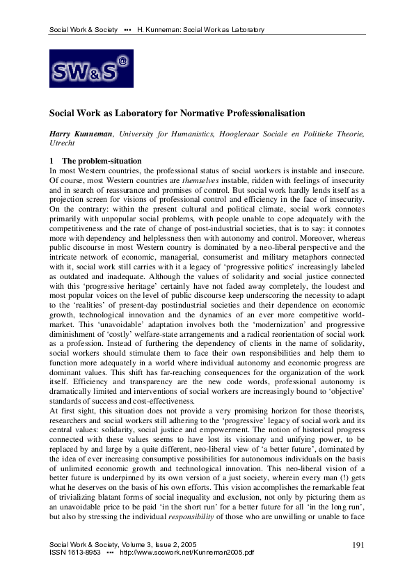 (PDF) Social Work as Laboratory for Normative Professionalisation