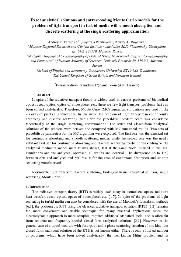 (PDF) Exact analytical solutions and corresponding Monte Carlo models for the problem of light ...