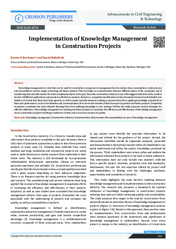 (PDF) Implementation of Knowledge Management in Construction Projects