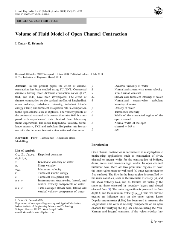 (PDF) Volume of Fluid Model of Open Channel Contraction