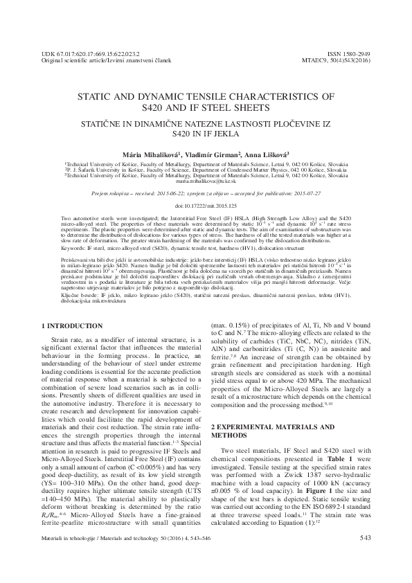 (PDF) Static and dynamic tensile characteristics of S420 and IF steel sheets