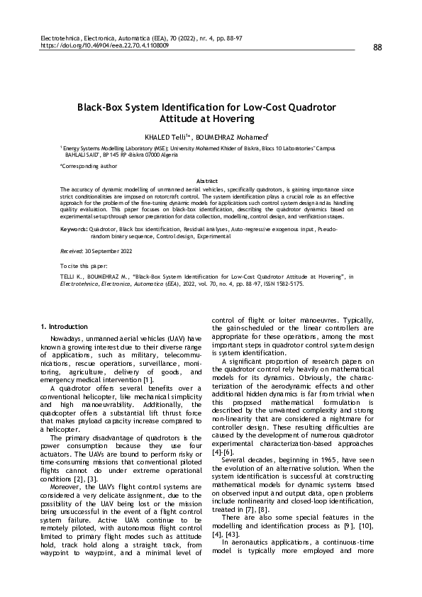 (PDF) Black-Box System Identification for Low-Cost Quadrotor Attitude at Hovering