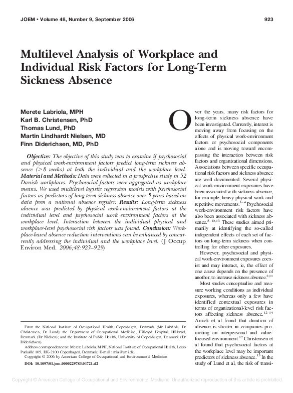 (PDF) Multilevel Analysis of Workplace and Individual Risk Factors for ...