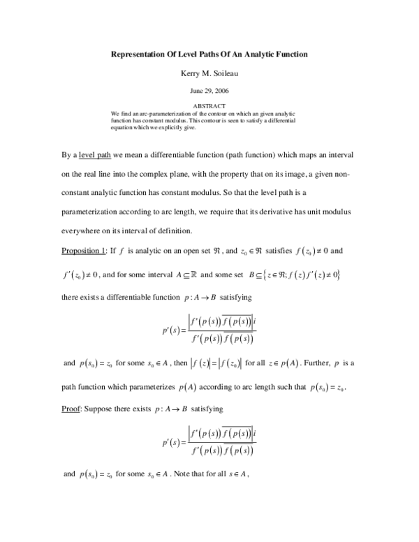 (PDF) Representation Of Level Paths Of An Analytic Function
