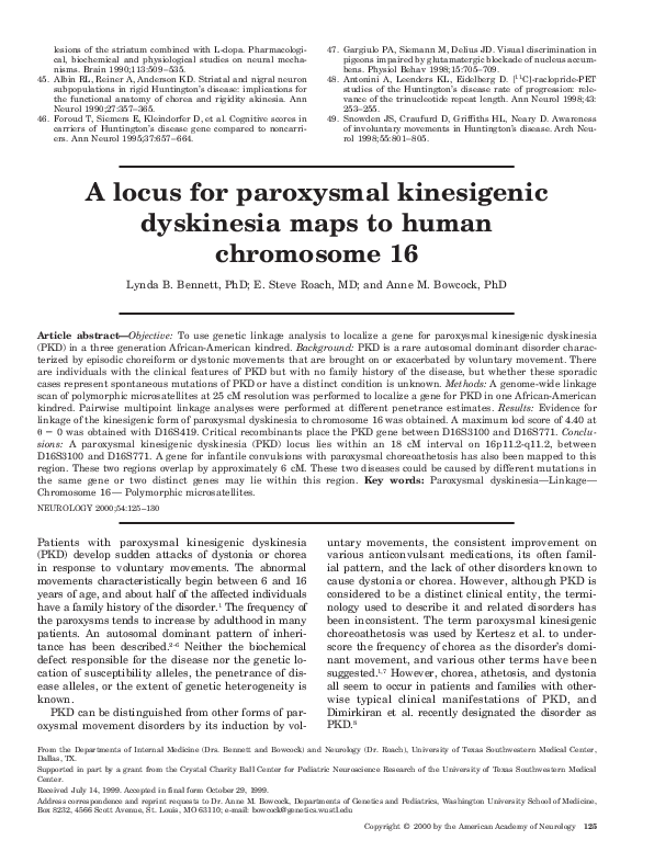 (PDF) A locus for paroxysmal kinesigenic dyskinesia maps to human chromosome 16 | Anne Bowcock ...