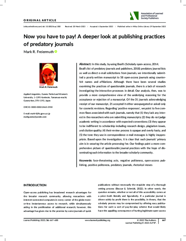 (PDF) Now you have to pay! A deeper look at publishing practices of predatory journals