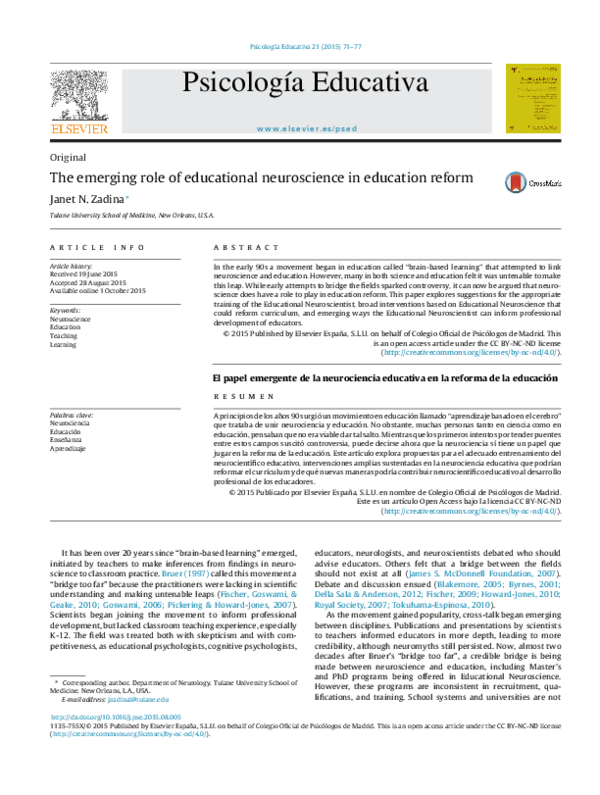 (PDF) The emerging role of educational neuroscience in education reform