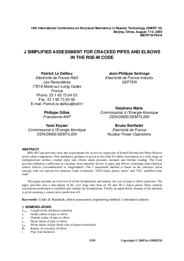 (PDF) J Simplified Assessment for Cracked Pipes and Elbows in the RSE-M ...