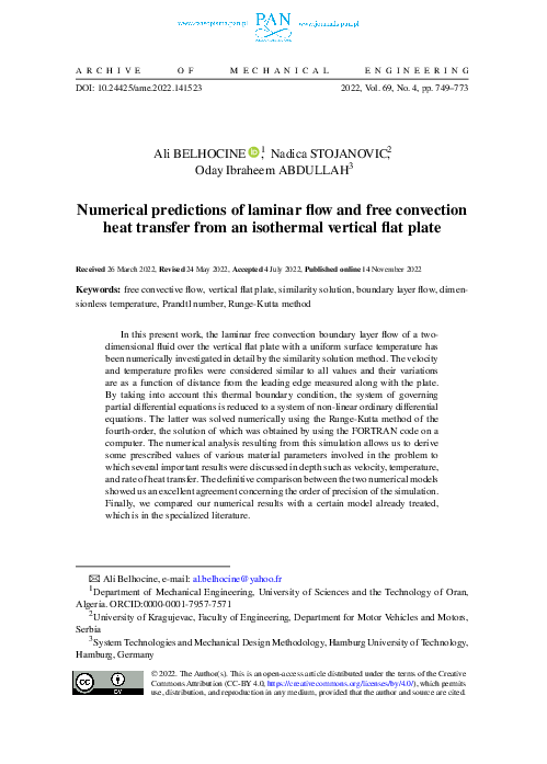(PDF) Numerical predictions of laminar flow and free convection heat transfer from an isothermal ...