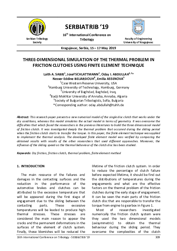 (PDF) Three-Dimensional Simulation of the Thermal Problem in Friction Clutches Using Finite ...
