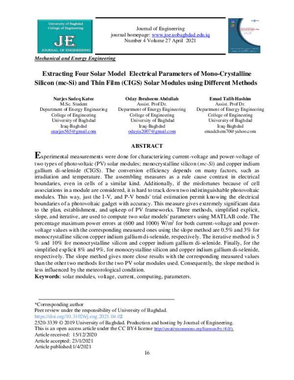 (PDF) Extracting Four Solar Model Electrical Parameters of Mono-Crystalline Silicon (mc-Si) and ...