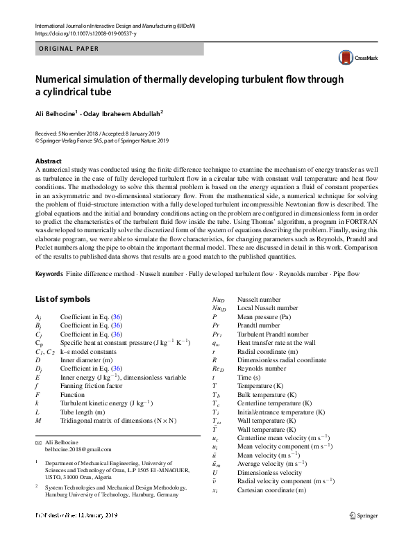 (PDF) Numerical simulation of thermally developing turbulent flow through a cylindrical tube