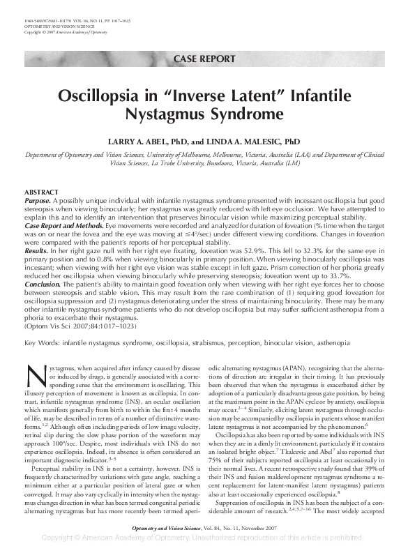 (PDF) Oscillopsia in “Inverse Latent” Infantile Nystagmus Syndrome