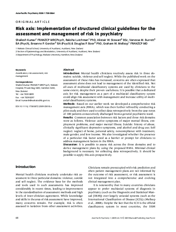 Pdf Risk Axis Implementation Of Structured Clinical Guidelines For The Assessment And