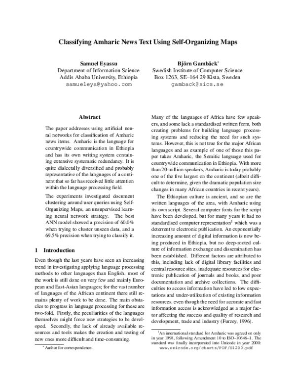 (PDF) Classifying Amharic news text using self-organizing maps