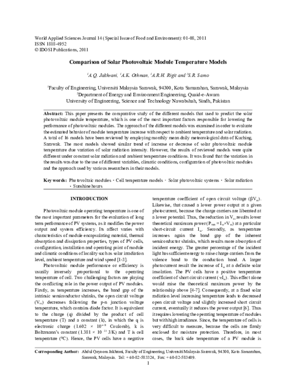 (PDF) Comparison of solar photovoltaic module temperature models | Abdul Qayoom Jakhrani ...