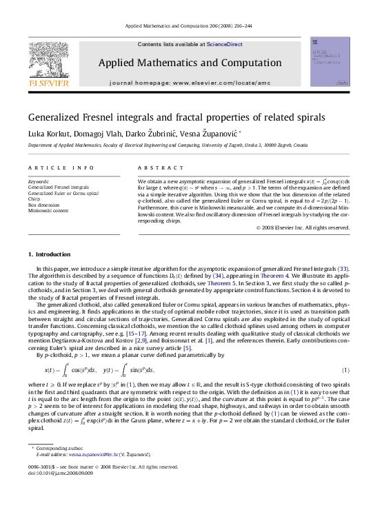 (PDF) Generalized Fresnel integrals and fractal properties of related spirals