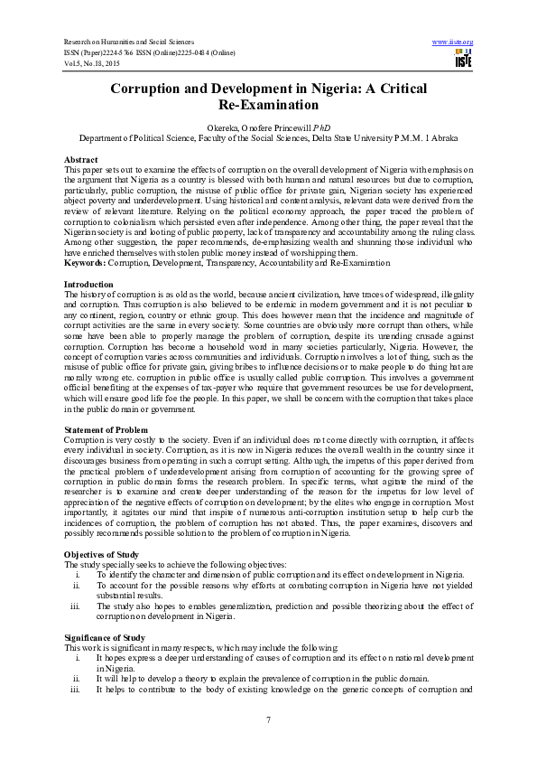 (PDF) Corruption and Development in Nigeria: A Critical Re-Examination