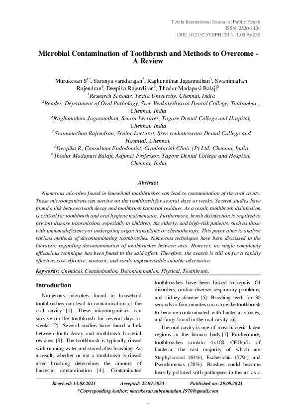 (PDF) Microbial Contamination of Toothbrush and Methods to Overcome -A Review