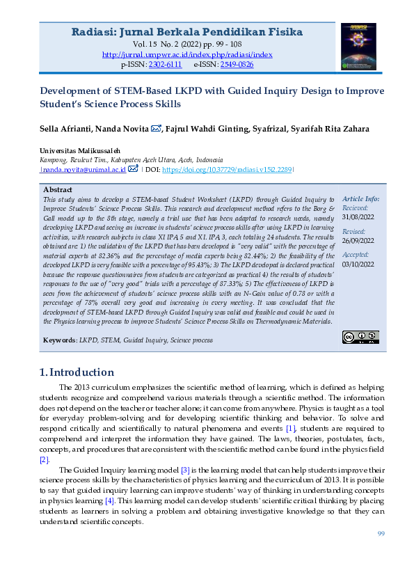 (PDF) Development of STEM-Based LKPD with Guided Inquiry Design to Improve Student’s Science ...
