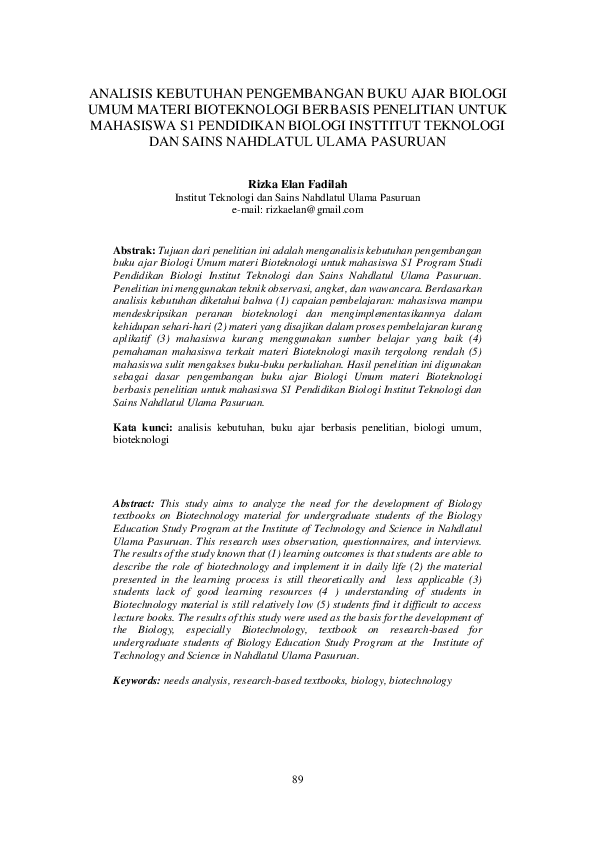 (PDF) Analisis Kebutuhan Pengembangan Buku Ajar Biologi Umum Materi Bioteknologi Berbasis ...