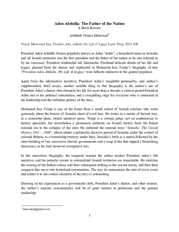 (PDF) Aden Abdulla: The Father of the Nation – A Book Review