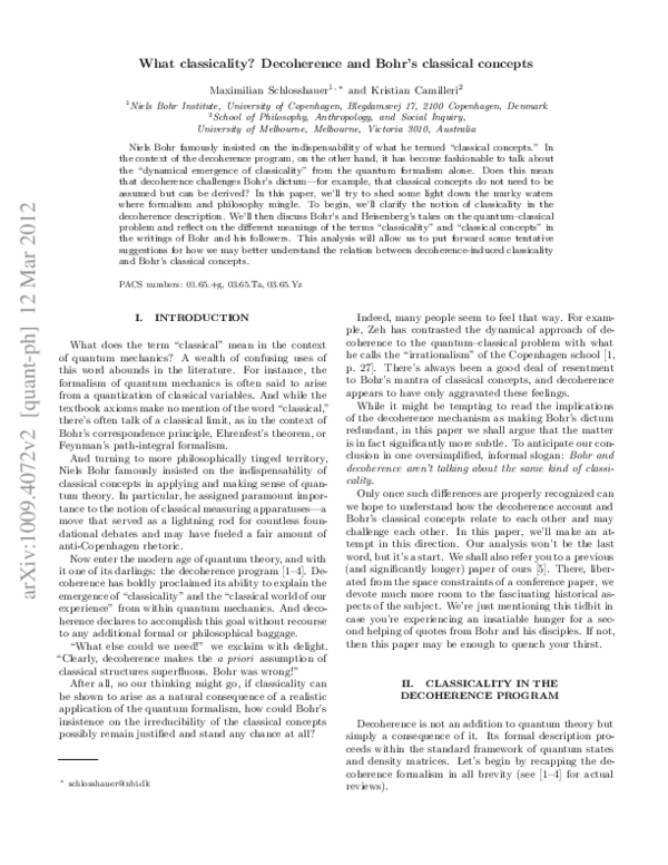 (PDF) What classicality? Decoherence and Bohr’s classical concepts | Kristian Camilleri ...