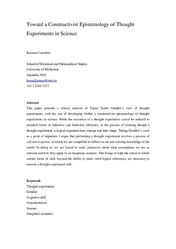 (PDF) Toward a constructivist epistemology of thought experiments in science