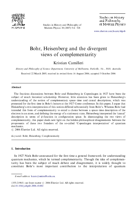 (PDF) Bohr, Heisenberg and the divergent views of complementarity
