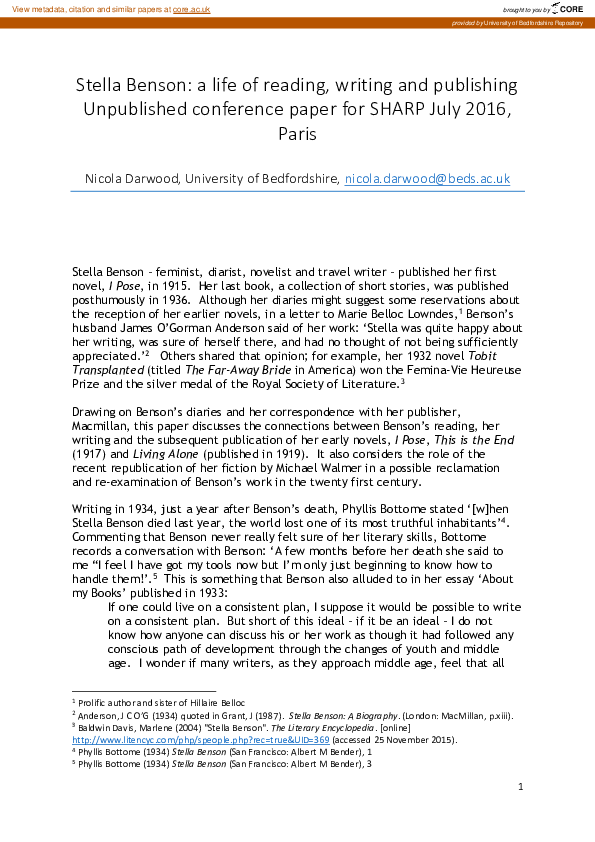 (PDF) Stella Benson: a life of reading, writing and publishing
