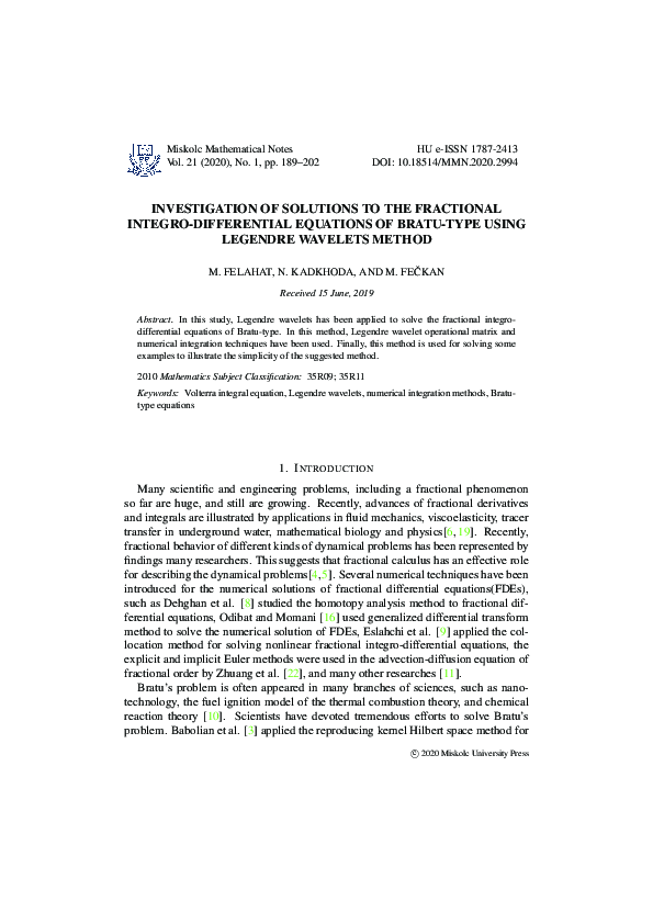 Pdf Investigation Of Solutions To The Fractional Integro Differential Equations Of Bratu Type