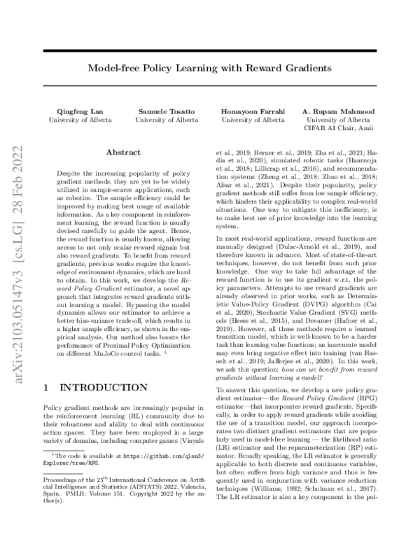 (PDF) Model-free Policy Learning with Reward Gradients