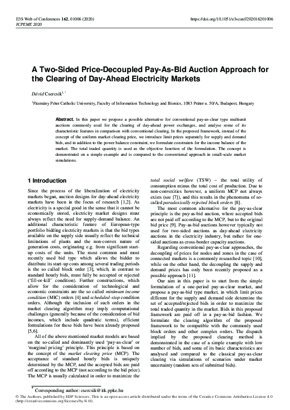 (PDF) A Two-Sided Price-Decoupled Pay-As-Bid Auction Approach for the ...